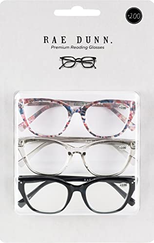Rae Dunn "BELLA Premium Reading Glasses - 3 Pack w/SEE Signature Font (Pearl Multi/Crystal Cool Grey/Glossy Jet Black, 2.0)