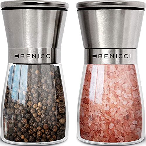 Beautiful Stainless Steel Salt and Pepper Grinder Set of 2 - Pepper Mill & Salt Mill with Adjustable Coarseness - Glass Spice & Salt Shakers - Easy Clean Ceramic Grinders w/a Spoon & Cleaning Brush