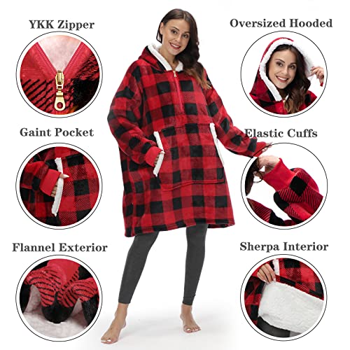 Fantaslook Wearable Blankets Quarter Zipper Blanket Hoodie Microfiber & Sherpa Oversized Sweatshirt for Women & Men(Checkered)