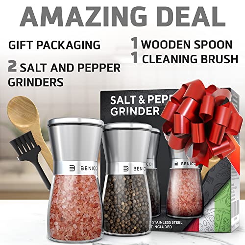 Beautiful Stainless Steel Salt and Pepper Grinder Set of 2 - Pepper Mill & Salt Mill with Adjustable Coarseness - Glass Spice & Salt Shakers - Easy Clean Ceramic Grinders w/a Spoon & Cleaning Brush