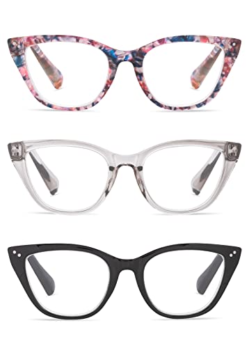 Rae Dunn "BELLA Premium Reading Glasses - 3 Pack w/SEE Signature Font (Pearl Multi/Crystal Cool Grey/Glossy Jet Black, 2.0)
