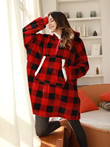 Fantaslook Wearable Blankets Quarter Zipper Blanket Hoodie Microfiber & Sherpa Oversized Sweatshirt for Women & Men(Checkered)