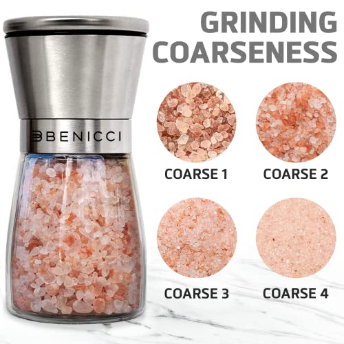 Beautiful Stainless Steel Salt and Pepper Grinder Set of 2 - Pepper Mill & Salt Mill with Adjustable Coarseness - Glass Spice & Salt Shakers - Easy Clean Ceramic Grinders w/a Spoon & Cleaning Brush