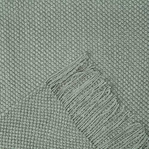 Chanasya Textured Knitted Sage Green Throw Blanket With Tassels - Soft Acrylic Bohemian Farmhouse Chic Accent Throw - Decorative for Sofa Chair Couch Bed Living Room (50x65 Inch) Boho Tan Sage Blanket