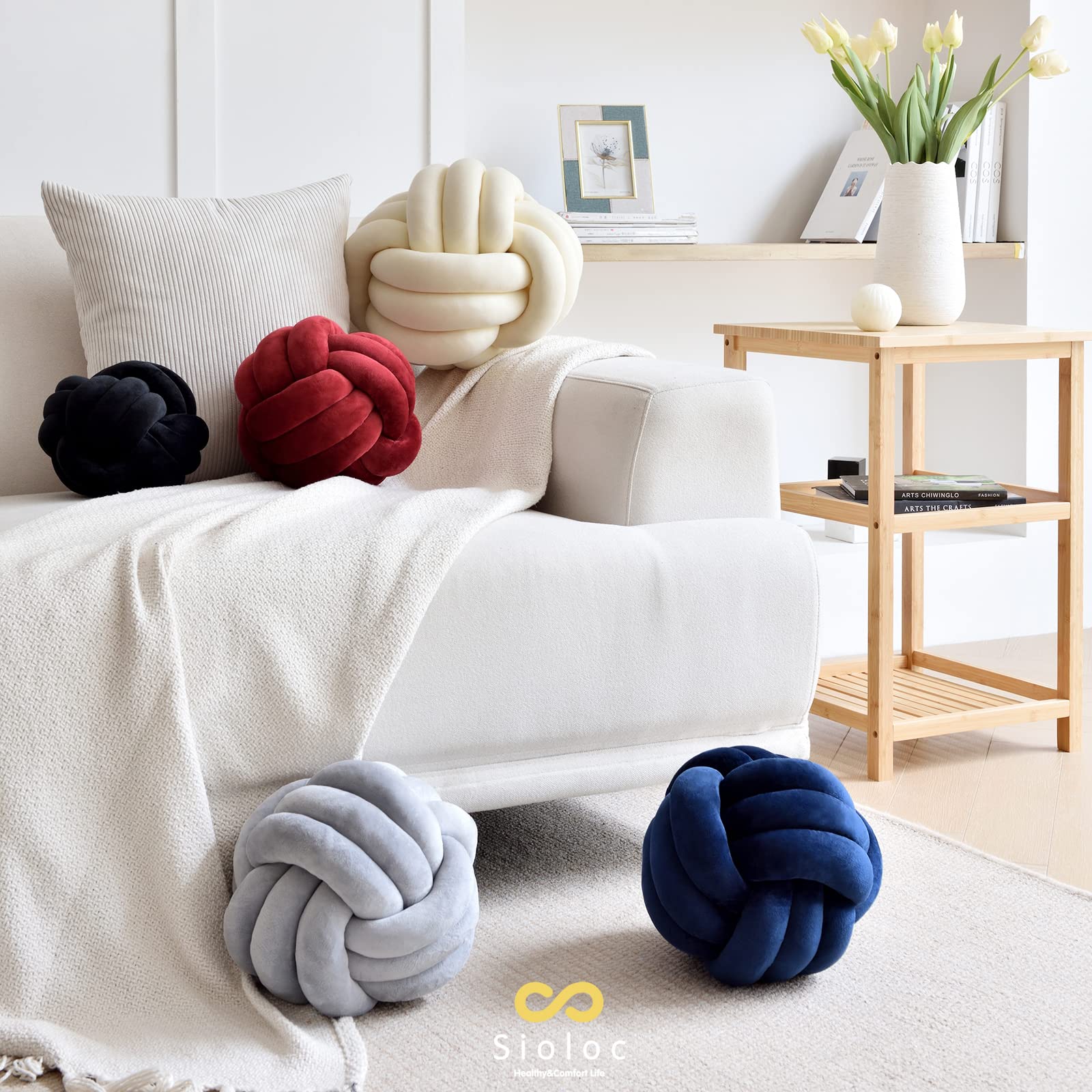 Sioloc Soft Knot Ball Pillows,Round Throw Pillow Cushion Home Decoration Plush Pillow,Throw Knotted Pillow Handmade Round Plush Pillow(7.8inches,Black)