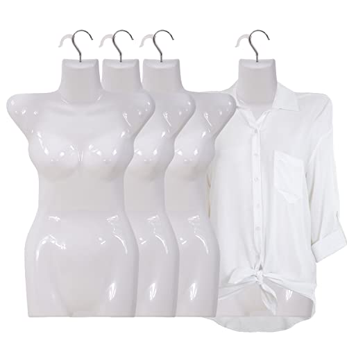 4-Packs Female Mannequin Torso Set 27" Dress Form Hollow Back Half Body Clothing Display Plastic Adult Table Shirt Mannequin Model Stand with Metal Hook for Hanging - Craft Shows or Design, White