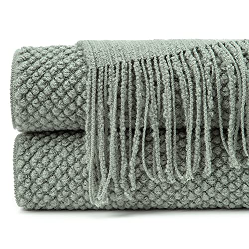 Chanasya Textured Knitted Sage Green Throw Blanket With Tassels - Soft Acrylic Bohemian Farmhouse Chic Accent Throw - Decorative for Sofa Chair Couch Bed Living Room (50x65 Inch) Boho Tan Sage Blanket