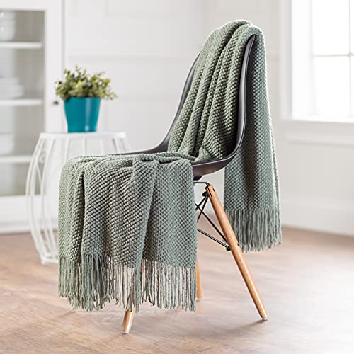 Chanasya Textured Knitted Sage Green Throw Blanket With Tassels - Soft Acrylic Bohemian Farmhouse Chic Accent Throw - Decorative for Sofa Chair Couch Bed Living Room (50x65 Inch) Boho Tan Sage Blanket