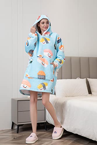 Wearable Blanket Hoodie, Oversized Sherpa Hooded Blanket Sweatshirt Extremely Cozy, Warm, Soft and Fuzzy Hoodie Blanket (Sushi Blue)