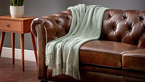 Chanasya Textured Knitted Sage Green Throw Blanket With Tassels - Soft Acrylic Bohemian Farmhouse Chic Accent Throw - Decorative for Sofa Chair Couch Bed Living Room (50x65 Inch) Boho Tan Sage Blanket