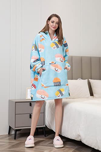 Wearable Blanket Hoodie, Oversized Sherpa Hooded Blanket Sweatshirt Extremely Cozy, Warm, Soft and Fuzzy Hoodie Blanket (Sushi Blue)