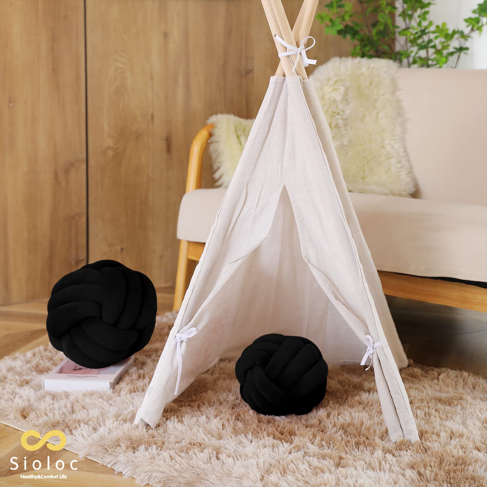 Sioloc Soft Knot Ball Pillows,Round Throw Pillow Cushion Home Decoration Plush Pillow,Throw Knotted Pillow Handmade Round Plush Pillow(7.8inches,Black)