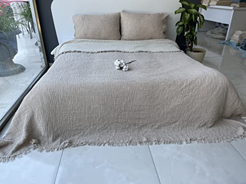 Muslin Blanket 100% Cotton, 4 Layers Bedspread, Soft Turkish Cotton Muslin Bed Cover, Reversible Coverlet, Beige (King Size 95x102-230x260cm)