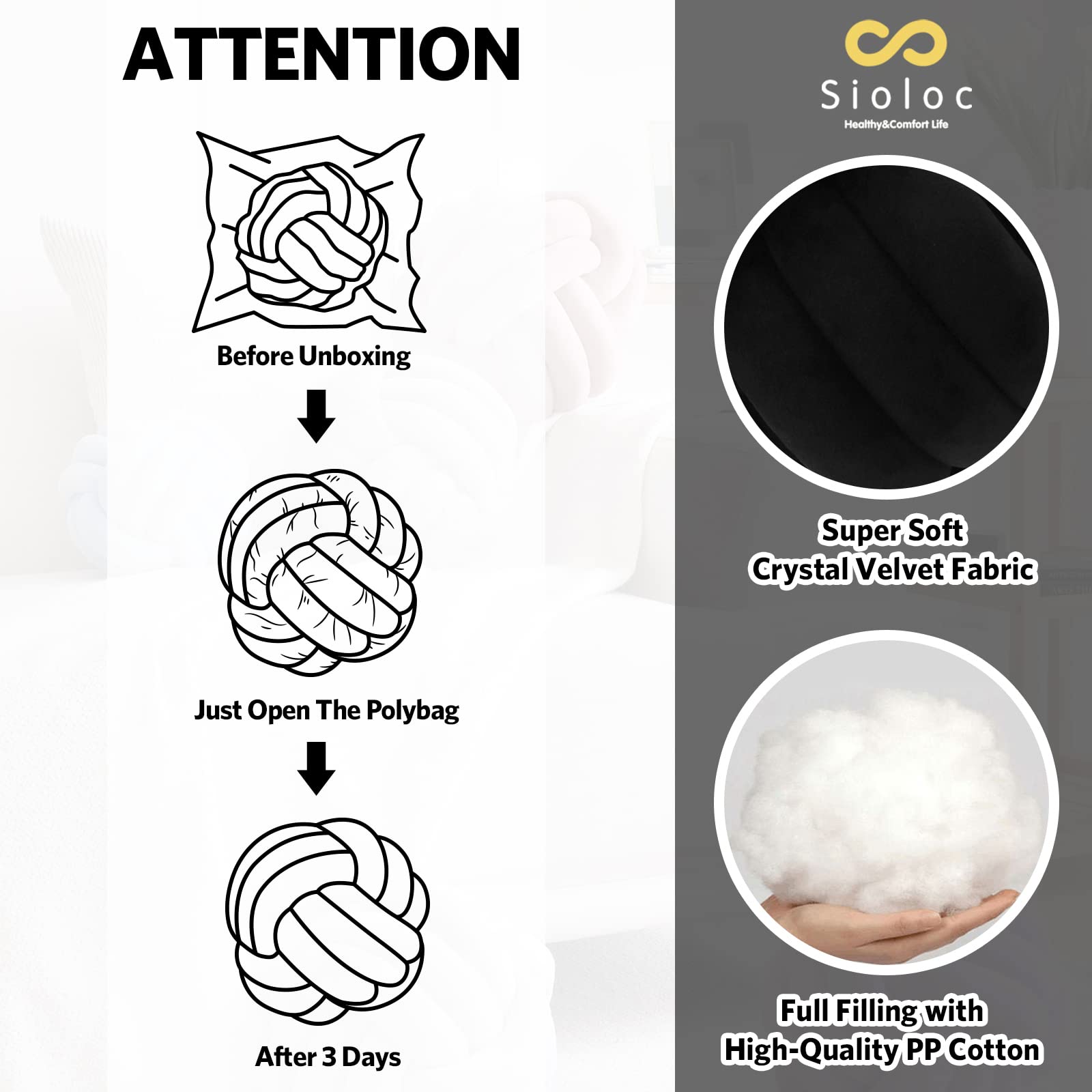Sioloc Soft Knot Ball Pillows,Round Throw Pillow Cushion Home Decoration Plush Pillow,Throw Knotted Pillow Handmade Round Plush Pillow(7.8inches,Black)