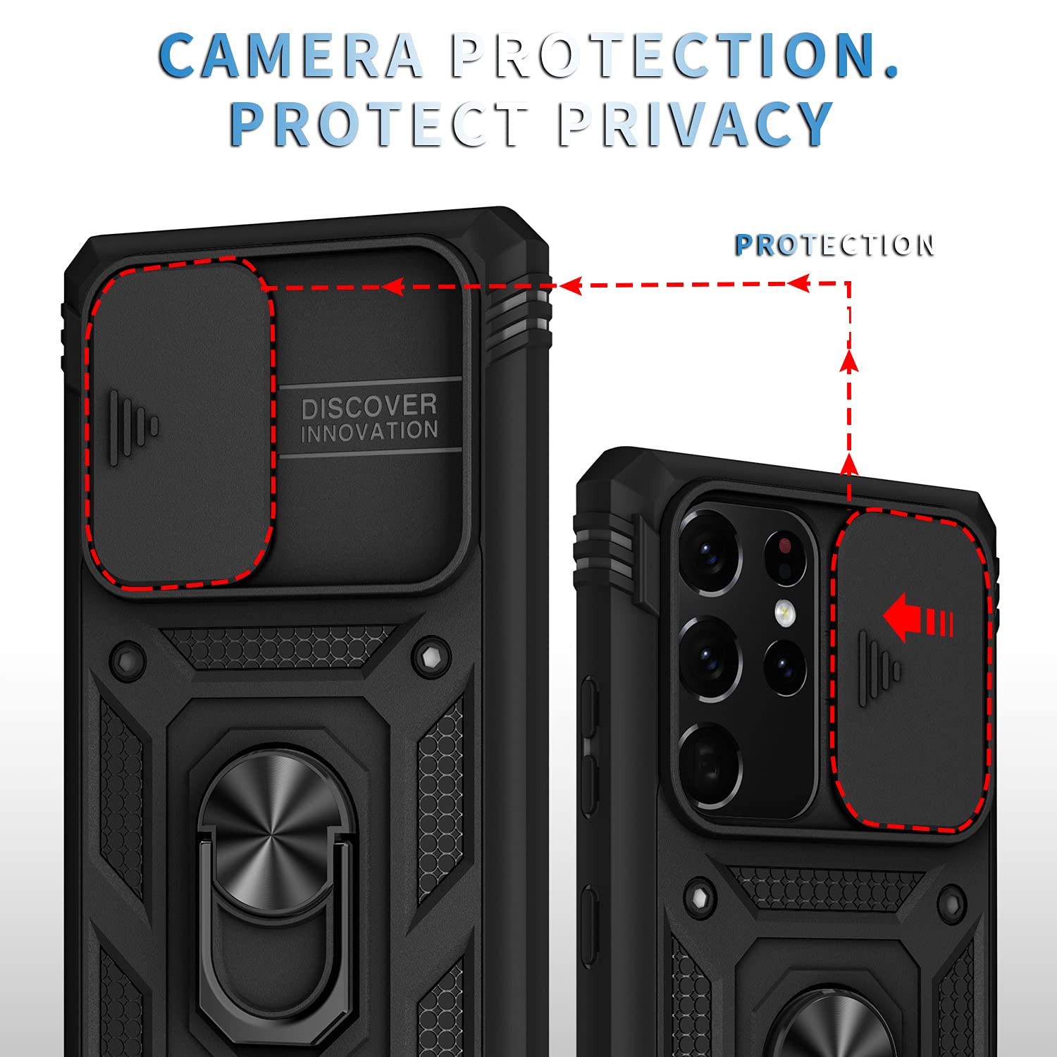 PASNEW for Samsung Galaxy S21 Ultra Case,360° Metal Ring Kickstand & Camera Cover Slide & Charge Port Dust Plug,Military Heavy Duty Full Body Shockproof Hard Shell for S21Ultra,6.8 inch,Black