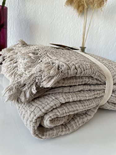 Muslin Blanket 100% Cotton, 4 Layers Bedspread, Soft Turkish Cotton Muslin Bed Cover, Reversible Coverlet, Beige (King Size 95x102-230x260cm)