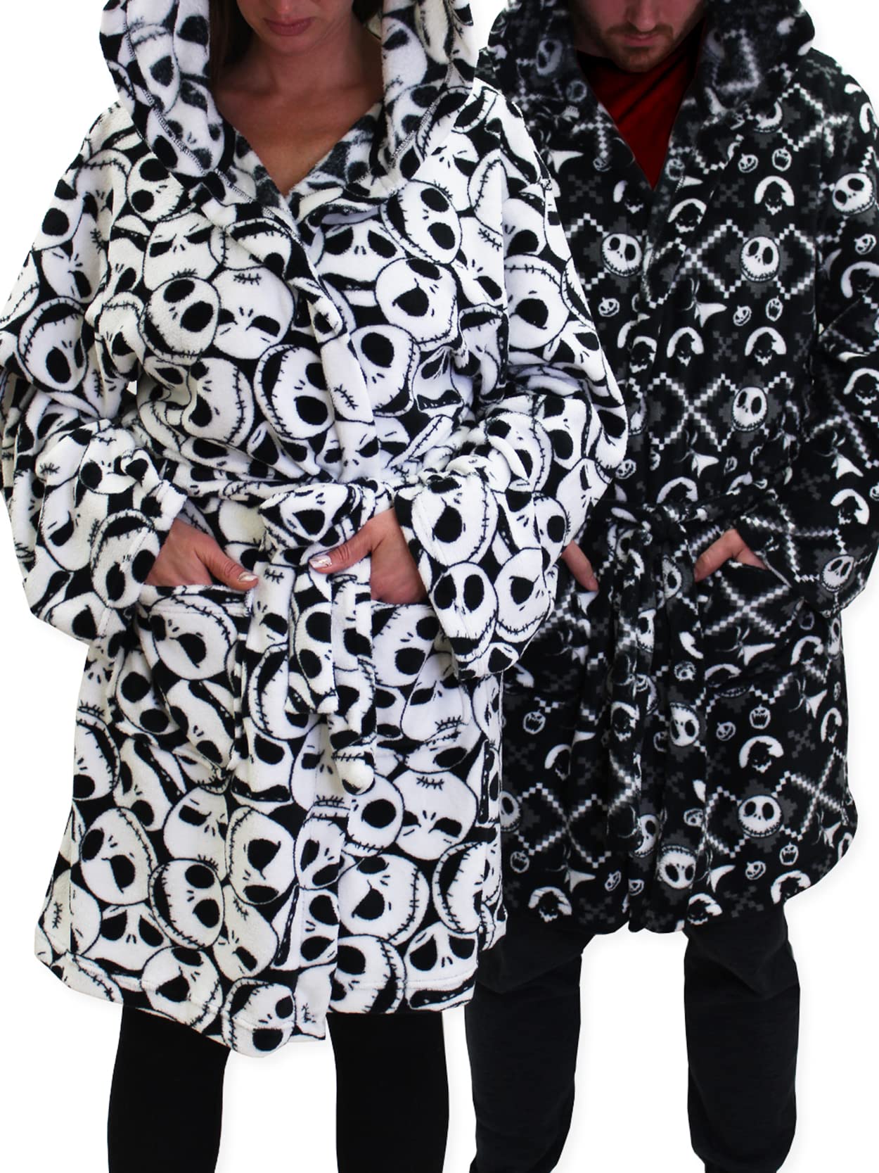 The Nightmare Before Christmas Jack Skellington Adult Plush Hooded Fleece Robe (Small/Medium, White)