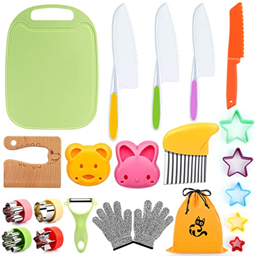 ZIJUND 22PCS Wooden Kids Kitchen Knife, Crocodile Kids Knife Set with Gloves Cutting Board Fruit Vegetable Crinkle Cutters Serrated Edges Plastic Toddler Knifes for Real Cooking Kid Safe Knives