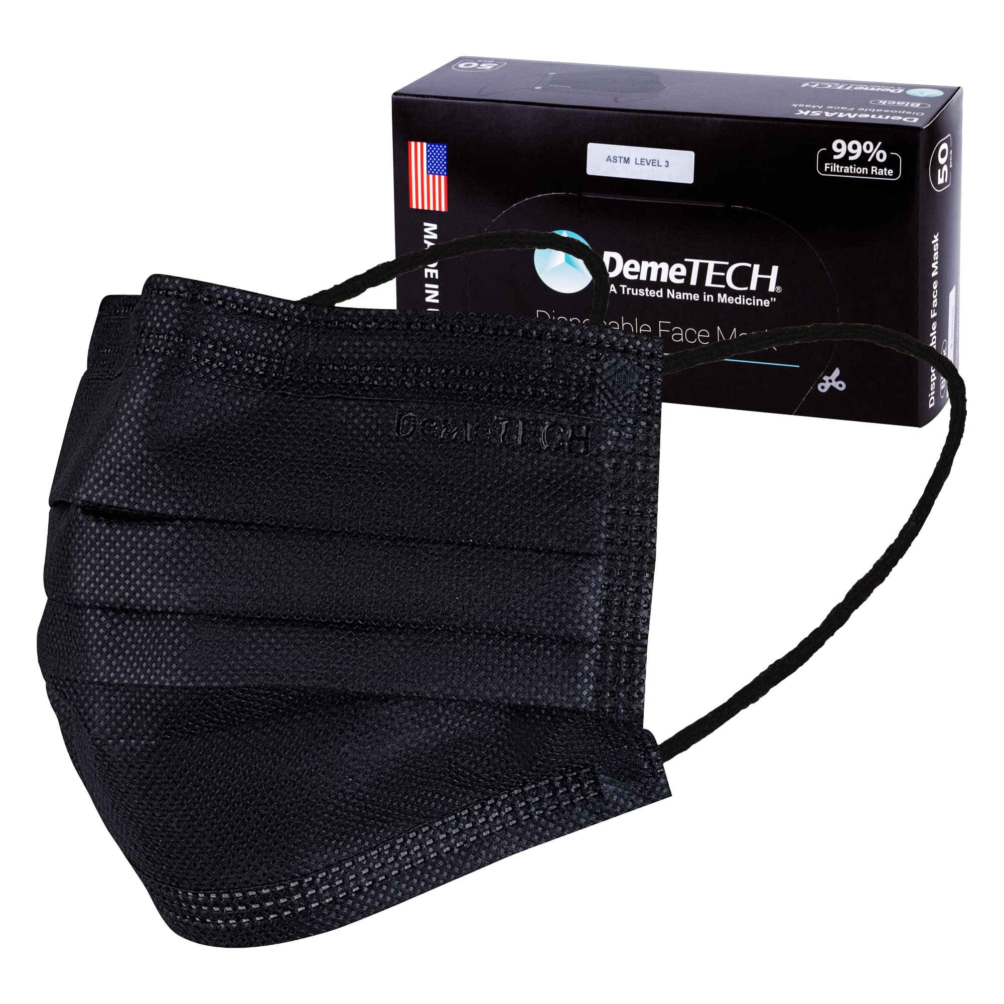 DEMETECH ASTM Level 3 Protective 3-Layer Face Mask, Ear-Loop Style, Adult Mask, 50 Pack, Black