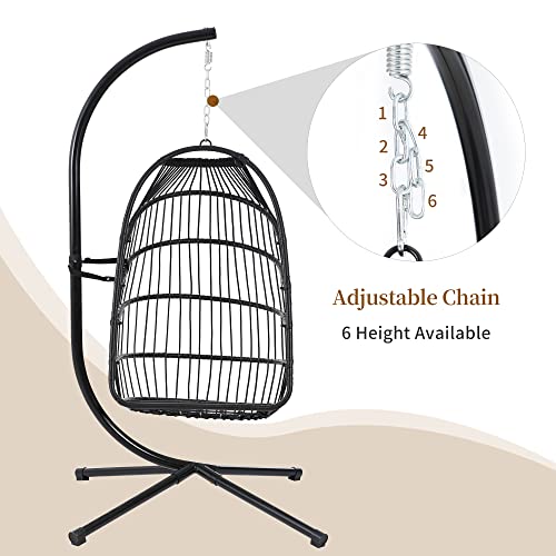 Patio Foldable Swing Chair with Cushion, PE Wicker Egg Hanging Chair w/Stand, Hammock Chair for Outdoor Balcony Indoor Bedroom (Black+Gray-2)