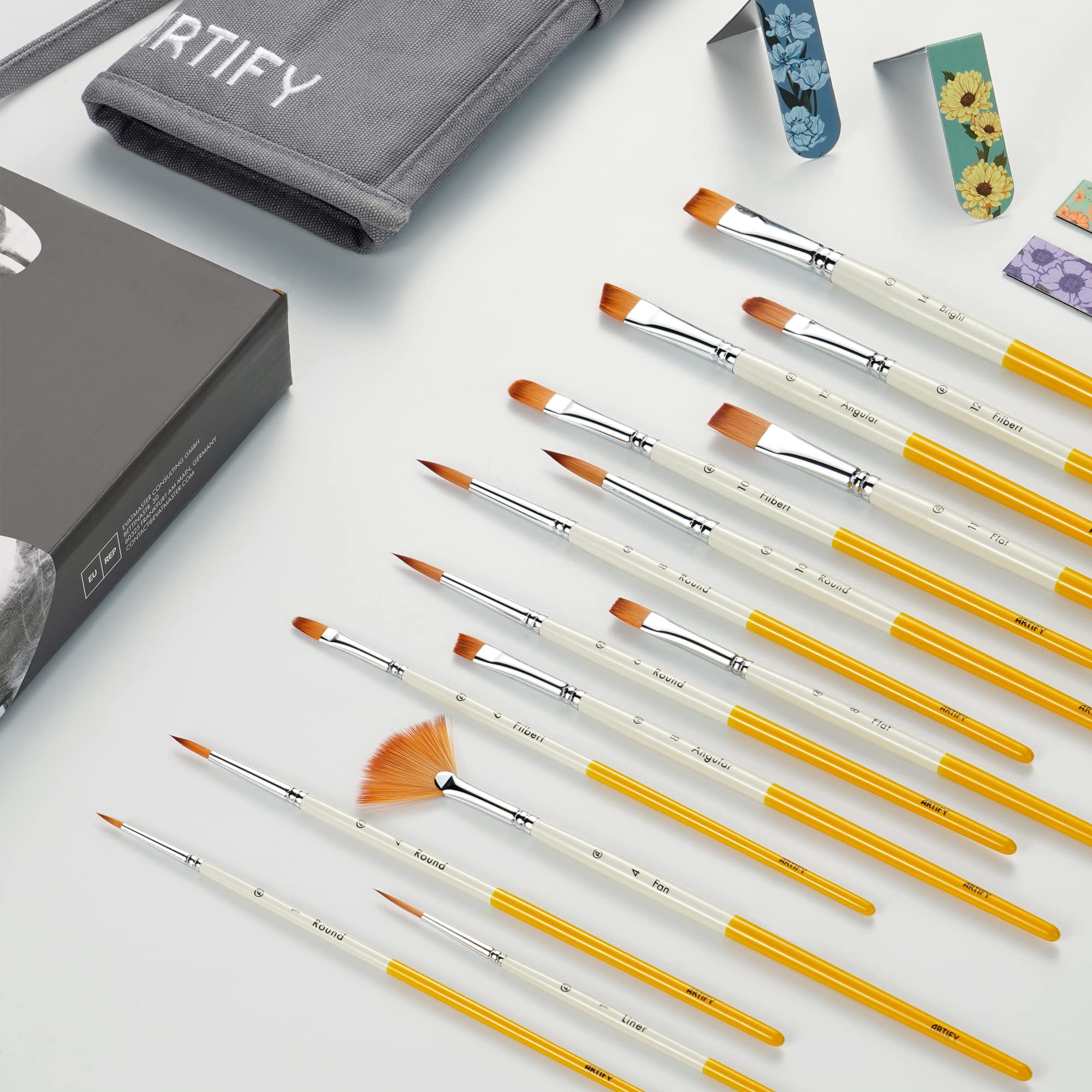 ARTIFY Sunflower 15 Pieces Paint Brush Set, Expert Series, Enhanced Synthetic Brush Set with Canvas Roll and Special Bookmarks for Acrylic, Oil, Watercolor and Gouache - Yellow