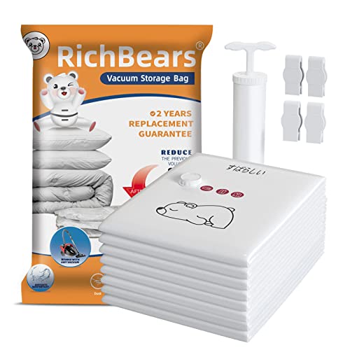 RichBears Vacuum Storage Bags, 8 Small Space Saver Bags for Comforters Blankets Clothes Pillows Bedding with Hand Pump