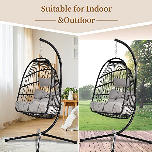 Patio Foldable Swing Chair with Cushion, PE Wicker Egg Hanging Chair w/Stand, Hammock Chair for Outdoor Balcony Indoor Bedroom (Black+Gray-2)