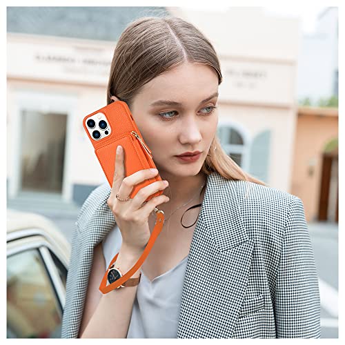 ZVE for iPhone 13 Pro Wallet Case Crossbody, Zipper Phone Case with RFID Blocking Card Holder Wrist Strap Purse Cover Gift for Women Carrying Compatible with iPhone 13 Pro (6.1 inch, 2021)-Orange