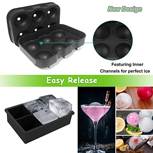 Hocerlu Ice Cube Trays (Set of 2), Silicone Sphere Ice Cube Mold with Lid & Large Square Ice Tray - Melt Slowly and Less Dilution - for Whiskey, Cocktails and Homemade Freezer - Easy Release, Black