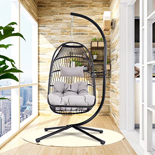 Patio Foldable Swing Chair with Cushion, PE Wicker Egg Hanging Chair w/Stand, Hammock Chair for Outdoor Balcony Indoor Bedroom (Black+Gray-2)