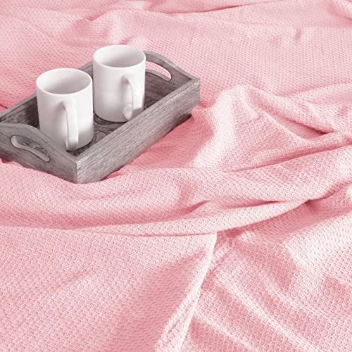 BOUTIQUO 100% Cotton Bed Blanket, Breathable Thermal Blanket Full - Queen Size, Soft Honeycomb Waffle Blanket 90"x90", Cotton Bed Blanket, Perfect for Layering Any Bed for All Season, Pink
