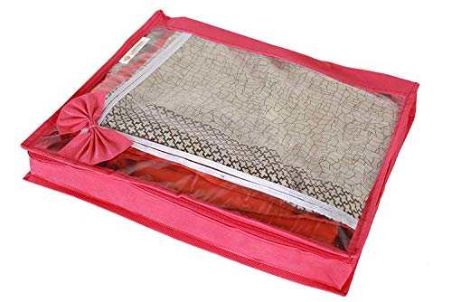 KANUSHI Industries Set of 12 Pcs Flower Design Transparent Plain Non Woven Fabric Saree Cover/Bag with Stainless Steel Zip Lock Combo (Pink)