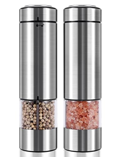 ImgResire Electric Salt and Pepper Grinder Set Battery Operated| Stainless Steel Auto Pepper Mill Grinder Refillable| One Hand Operation| LED Light| Adjustable Coarseness| 2 Pack