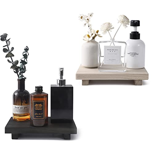 Small Bathroom Counter Organizer Wooden Decorative Trays Rectangular Cosmetic Holder for Kitchen, Soap, Lotion Bottle, Plant, Cosmetic, White & Brown
