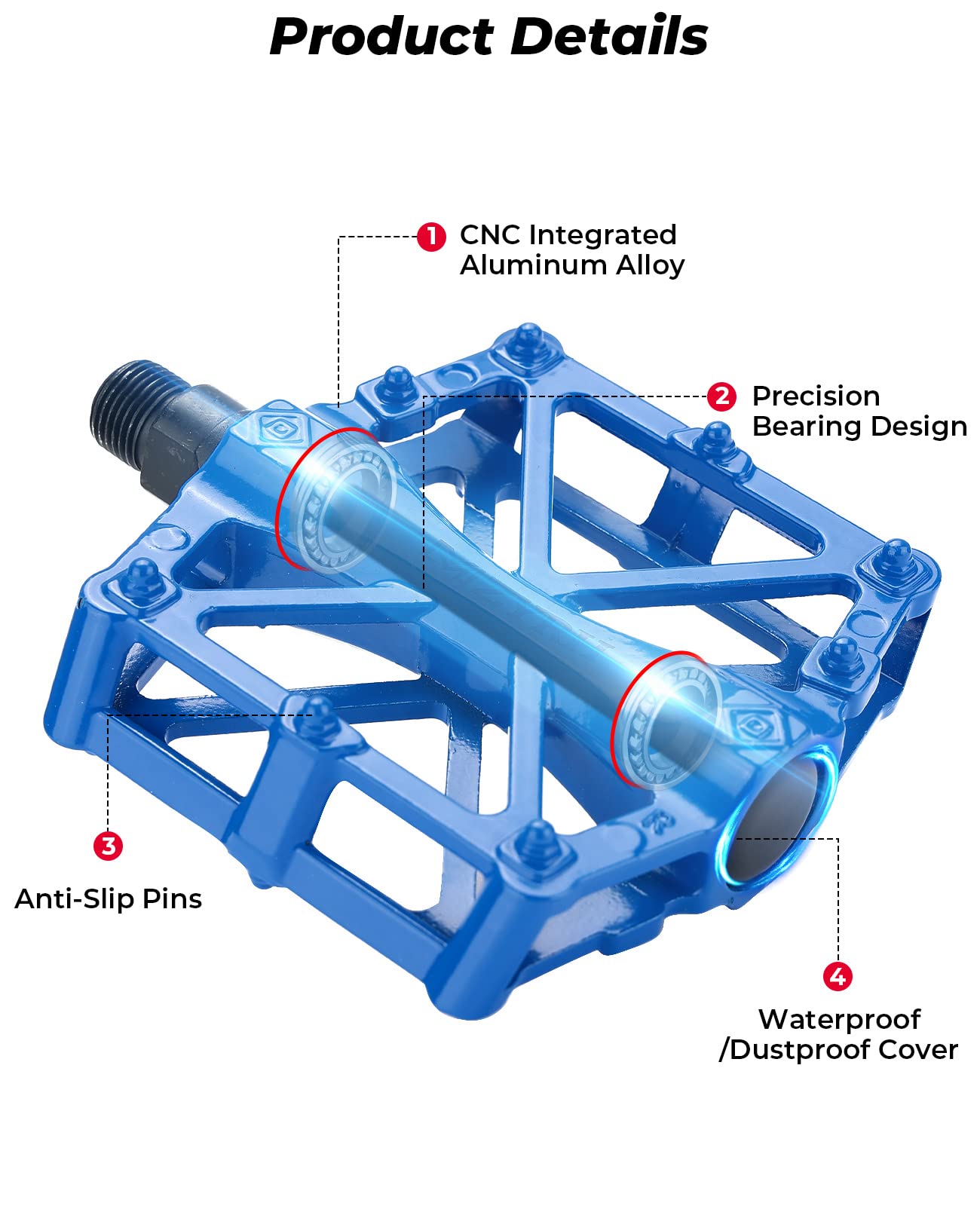 KEMIMOTO Mountain Bike Pedals MTB Bicycle Flat Pedals, 9/16'' CNC Aluminum Durable Sealed Bearings for Most Bikes BMX MTB Enduro Downhill Trail (Two Pack) (Blue)