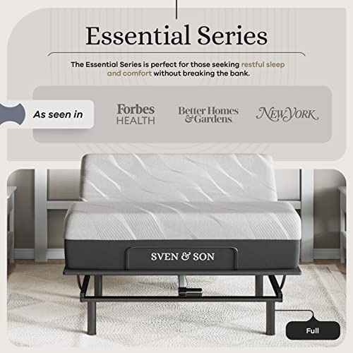 Sven & Son Full Essential Adjustable Bed Base Frame + 14" Luxury Cool Gel Memory Foam Hybrid Mattress, Wireless, Easy Self-Assembly, Head & Foot Articulation (Full + 14" Mattress)