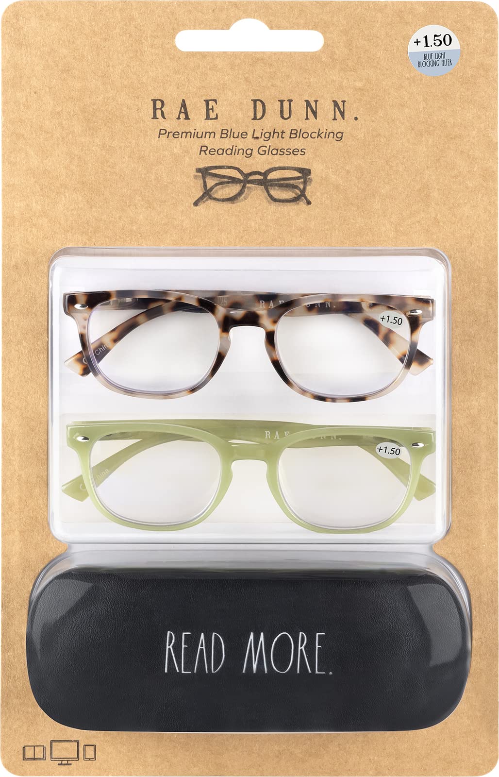 Rae Dunn "JUDY Blue Light Blocking Reading Glasses - 2 Pack w/READ MORE Signature Font Hard Case (Milky Tort/Milky Kiwi, 1.5)
