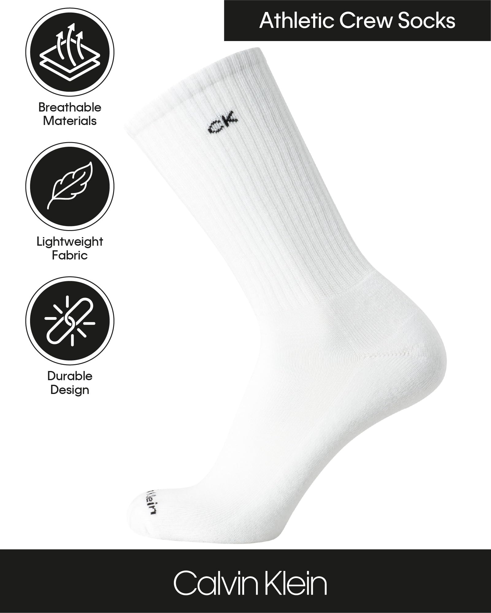 Calvin Klein Men’s Athletic Socks - 5 Pack Cushioned Crew Socks for Men - Soft, Breathable & Durable with Arch Support for All-Day Comfort, Sports, Workouts & Everyday Wear, White, Size 7-12