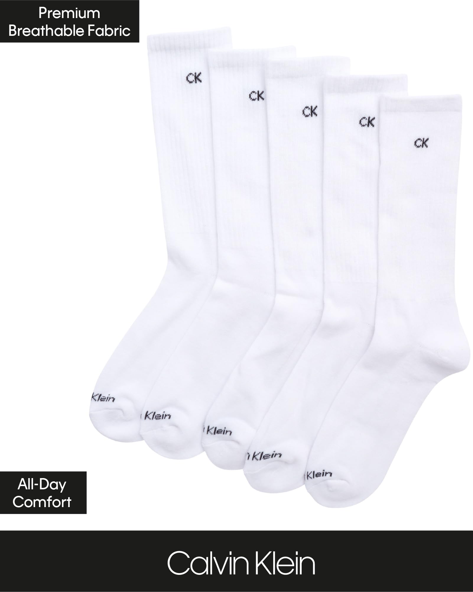 Calvin Klein Men’s Athletic Socks - 5 Pack Cushioned Crew Socks for Men - Soft, Breathable & Durable with Arch Support for All-Day Comfort, Sports, Workouts & Everyday Wear, White, Size 7-12