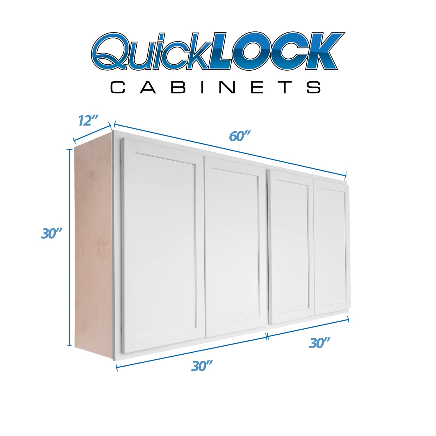 Quicklock RTA Laundry Cabinets | 60" - 72" Wide | Double Door Style | Shaker Cabinets | Made in The USA (Pure White, 12" D x 60" W x 30" H)