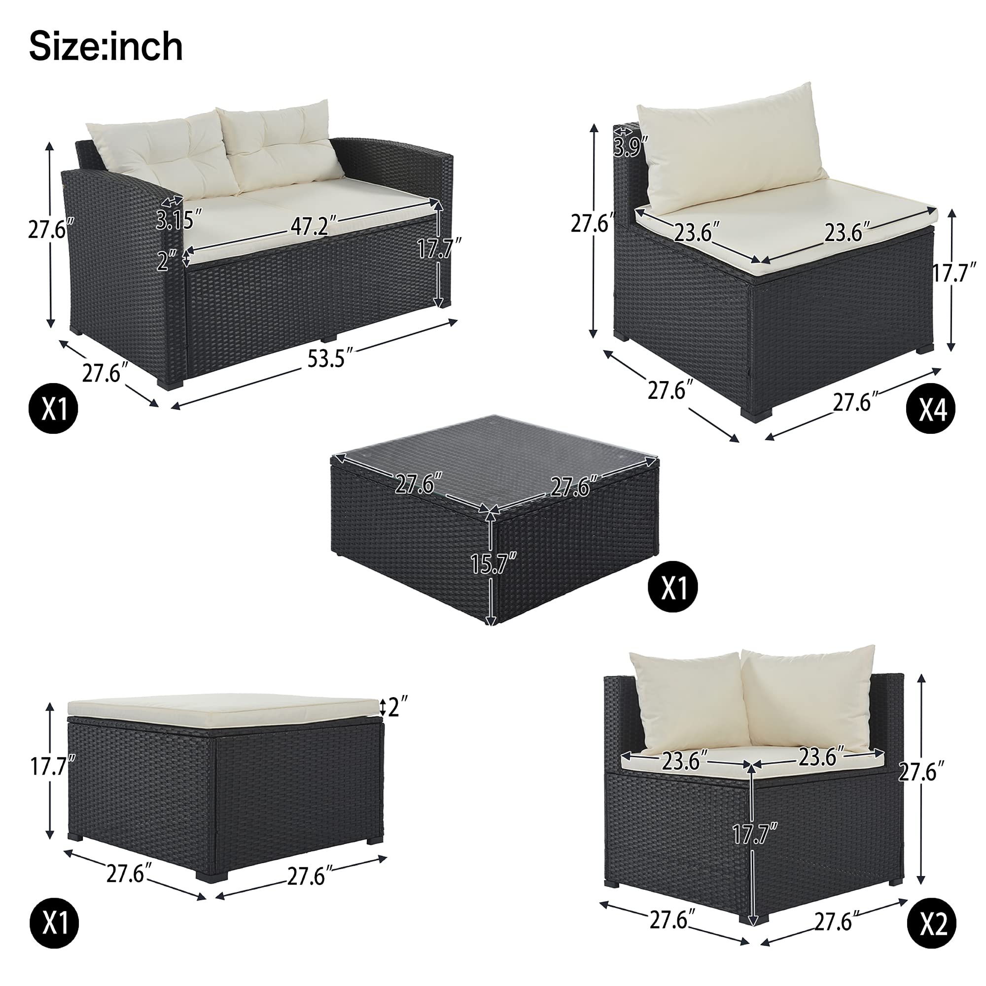Quarte 9-Piece Outdoor Patio Furniture Large Sofa Set with Cushion and Glass Table, PE Wicker Rattan Garden Sectional Conversation Sofa Set for Backyard/Porch/Poolside (Beige+9)