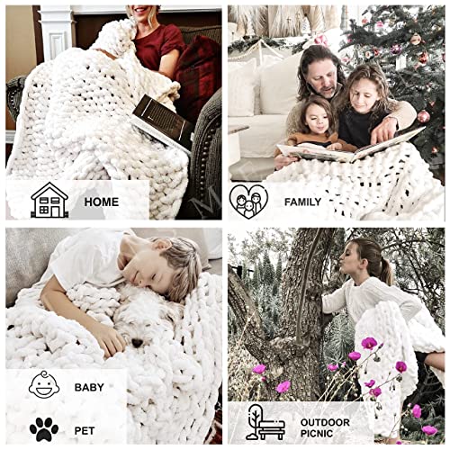 Mansmerton Chunky Knit Blanket Throw-50 x60,White- Soft Chenille Yarn Knit Blanket for Bed,Sofa -Machine Washable,Handmade-Large Cable Knit Weighted Blanket -Home,Bedroom Decor Gift for Mom&Her