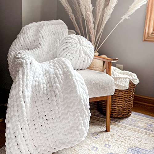 Mansmerton Chunky Knit Blanket Throw-50 x60,White- Soft Chenille Yarn Knit Blanket for Bed,Sofa -Machine Washable,Handmade-Large Cable Knit Weighted Blanket -Home,Bedroom Decor Gift for Mom&Her