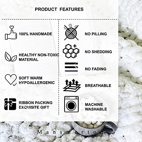 Mansmerton Chunky Knit Blanket Throw-50 x60,White- Soft Chenille Yarn Knit Blanket for Bed,Sofa -Machine Washable,Handmade-Large Cable Knit Weighted Blanket -Home,Bedroom Decor Gift for Mom&Her