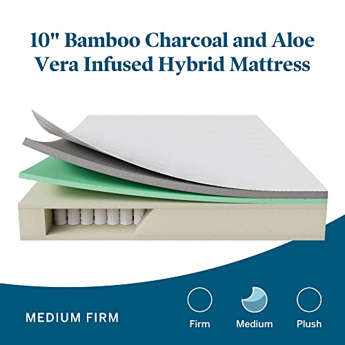 Lucid 10 Inch Hybrid Mattress β Bamboo Charcoal and Aloe Vera Infused- Memory Foam Mattress- Moisture Wicking β Odor Reducing