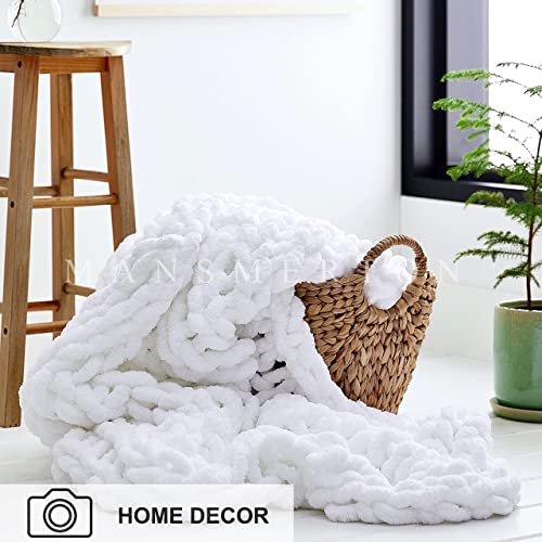 Mansmerton Chunky Knit Blanket Throw-50 x60,White- Soft Chenille Yarn Knit Blanket for Bed,Sofa -Machine Washable,Handmade-Large Cable Knit Weighted Blanket -Home,Bedroom Decor Gift for Mom&Her