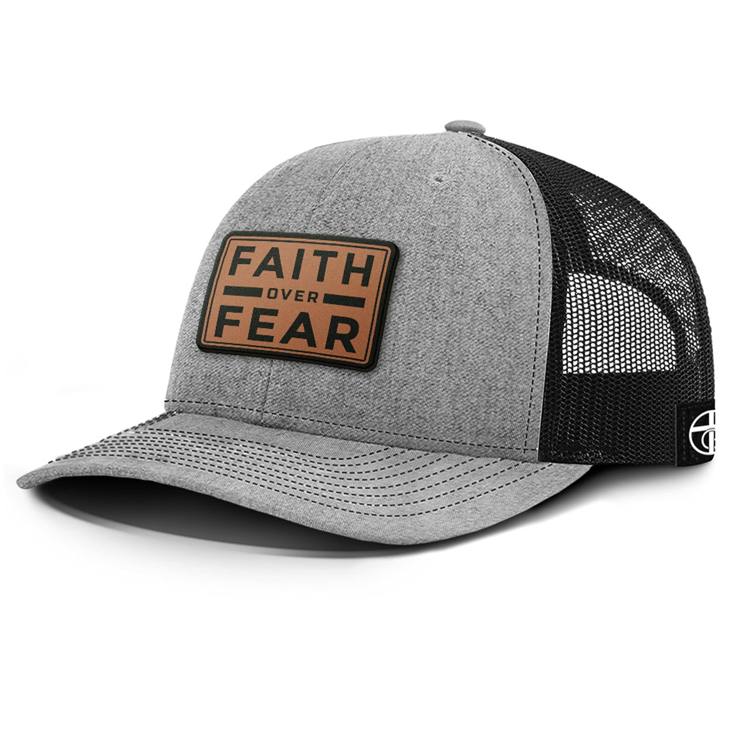 Faith Over Fear Leather Patch Christian Trucker Hat - Adjustable Fit Snapback Hat - Breathable Mesh Side for Casual Wear - Running Workout & Outdoor Activities All Seasons - Baseball Cap Women and Men