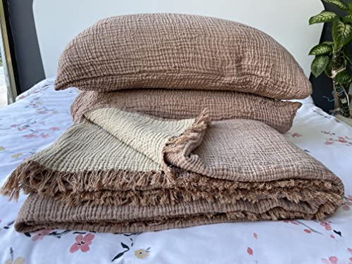Muslin Blanket 100% Cotton, 4 Layers Bedspread, Soft Turkish Cotton Muslin Bed Cover, Reversible Coverlet, Brown (King Size 95x102-230x260cm)