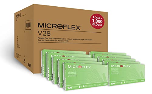 Microflex V28 Disposable Powder-Free Vinyl Gloves for Food Processing, Light Cleaning w/Smooth Surface - Med, Natural (Case of 1000)