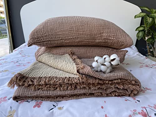 Muslin Blanket 100% Cotton, 4 Layers Bedspread, Soft Turkish Cotton Muslin Bed Cover, Reversible Coverlet, Brown (King Size 95x102-230x260cm)